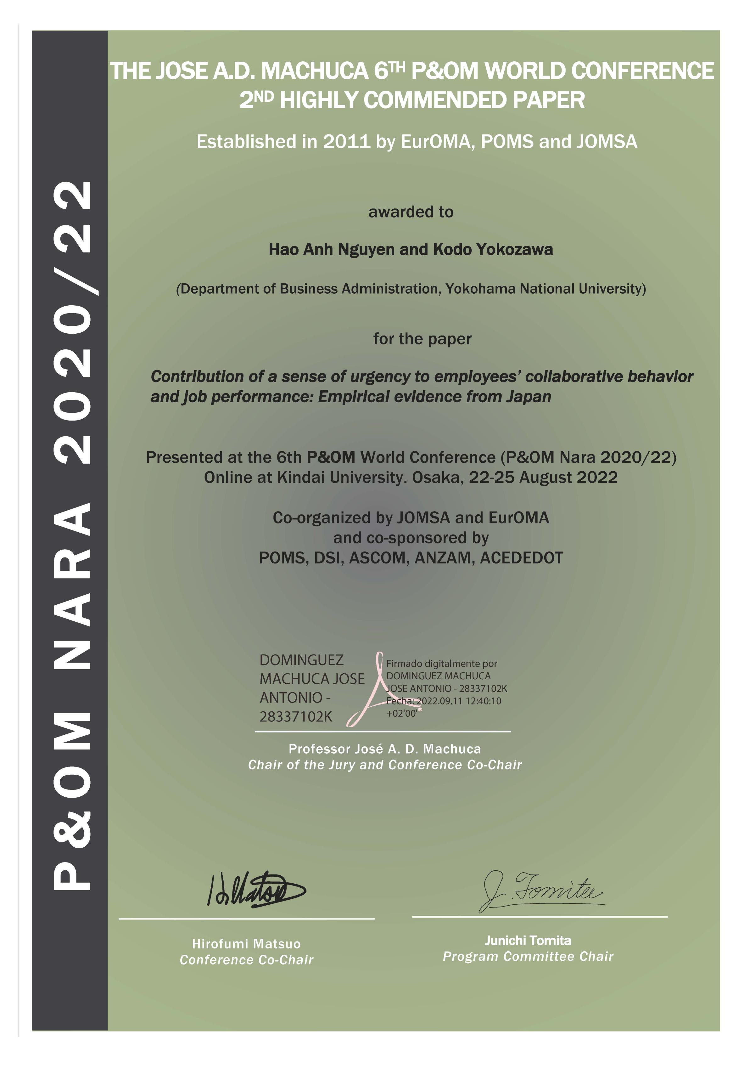 国際社会科学府学生（Hao Anh Nguyen氏）と横澤准教授の学術論文がTHE JOSE A.D. MACHUCA 6TH P&OM ...